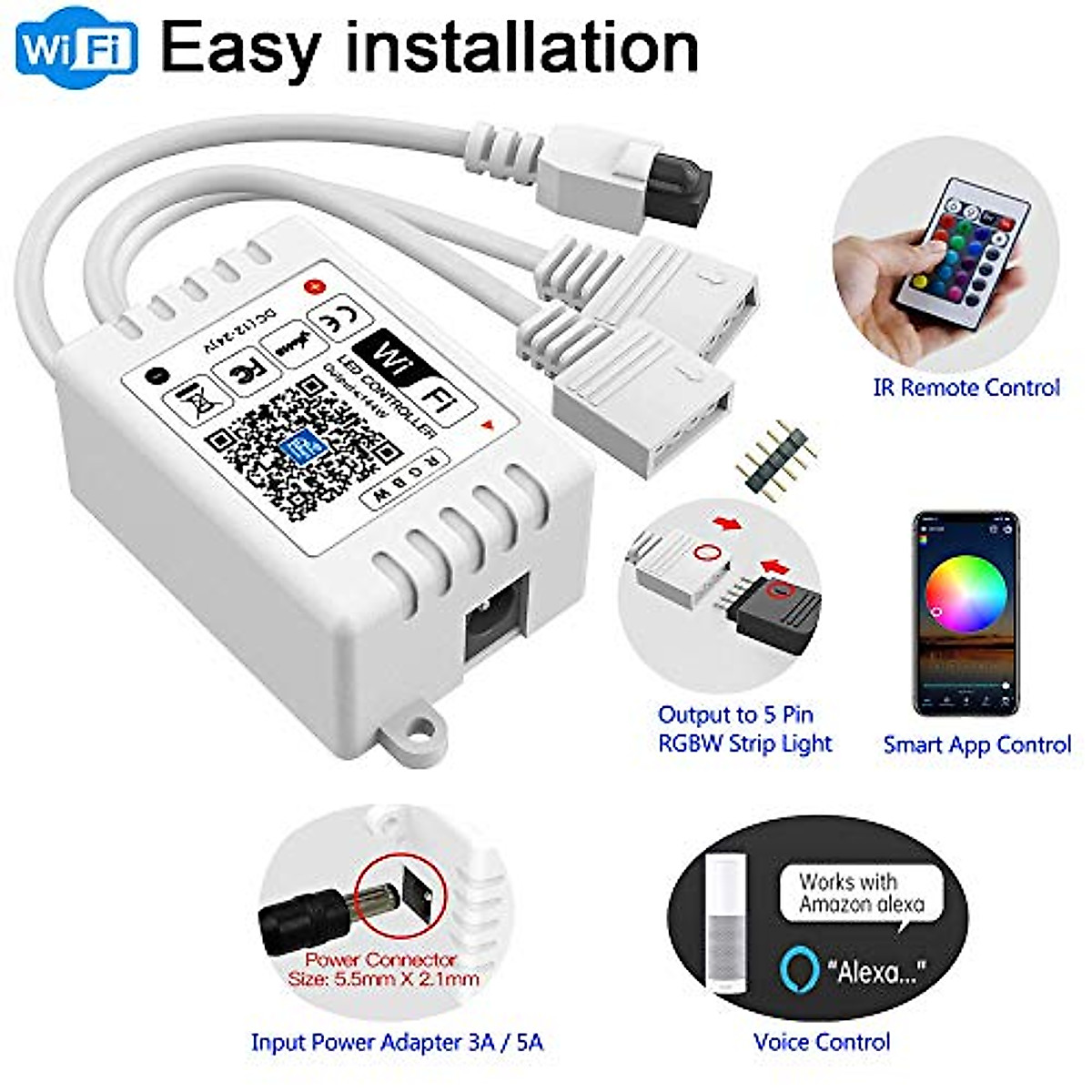 Smart WiFi RGBW LED Controller 2-Output 5 Pin with 24-Key Remote,Compatible with Alexa&Google Assistant,Voice/APP/Music Control Strip Lights for Android/iOS System,WiFi LED Controller Only(New)
