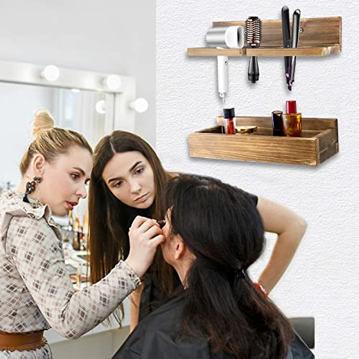 Hair Tool Organizer Wall Mounted - Wooden Hair Dryer Holder, Rustic Blow Dryer Holder for Curling Iron, Hot Tools, Hair Straighteners, Set of 2 Bathroom Vanity Tray for Makeup,Toiletries, Brown