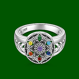 Chakra Ring Mandala Lotus Rings for Women Sterling Silver Yoga Lotus Flower Healing Crystal 7 Chakras Protection Balance Jewelry Gifts Size 7