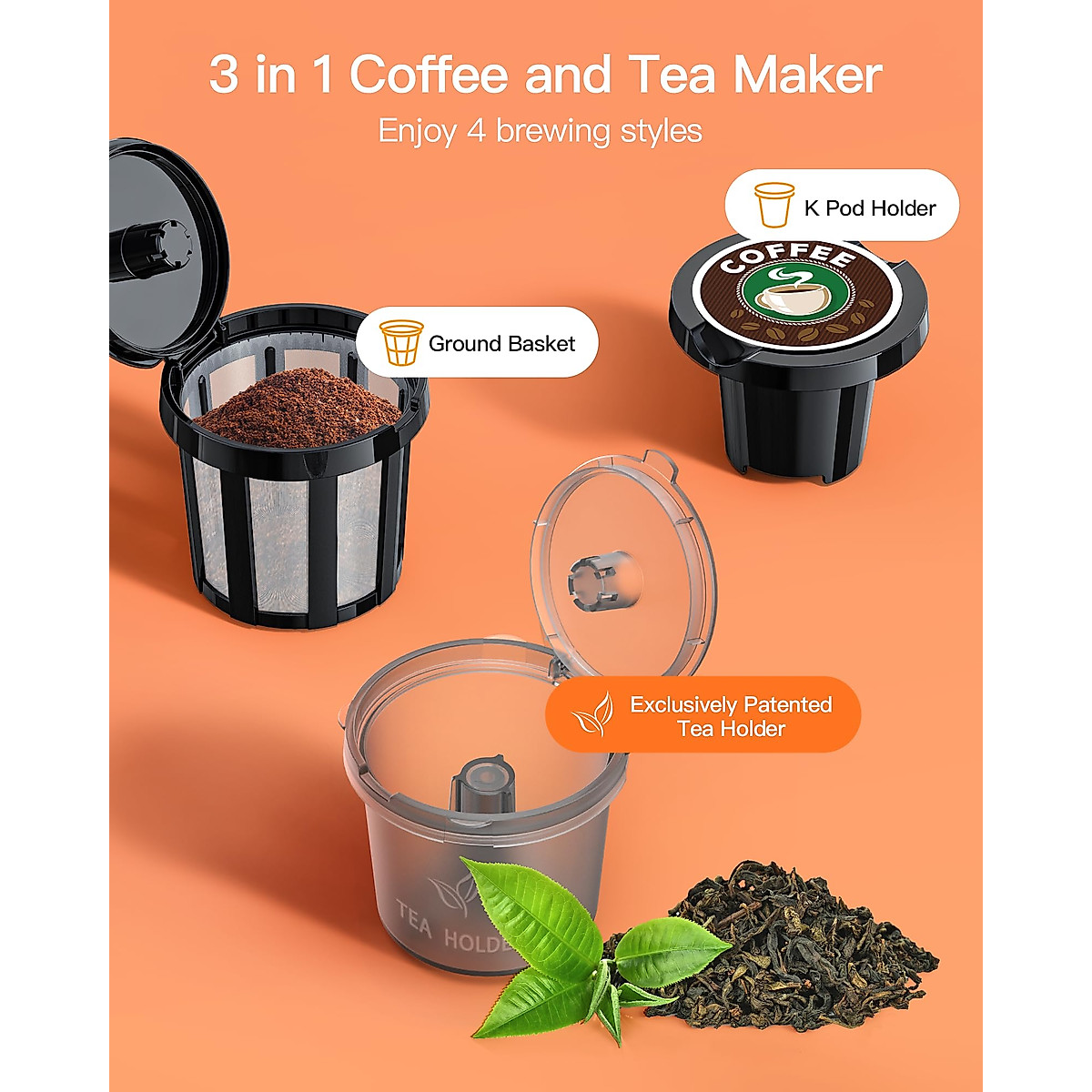 Tastyle Coffee and Tea Maker, 3 in 1 Single Serve Brewer for K Cup, Grounds & Tea, Hot and Iced Coffee Maker with 4 Brew Styles and 16oz Water Reservoir, Fits 7.3'' Travel Mugs, Black
