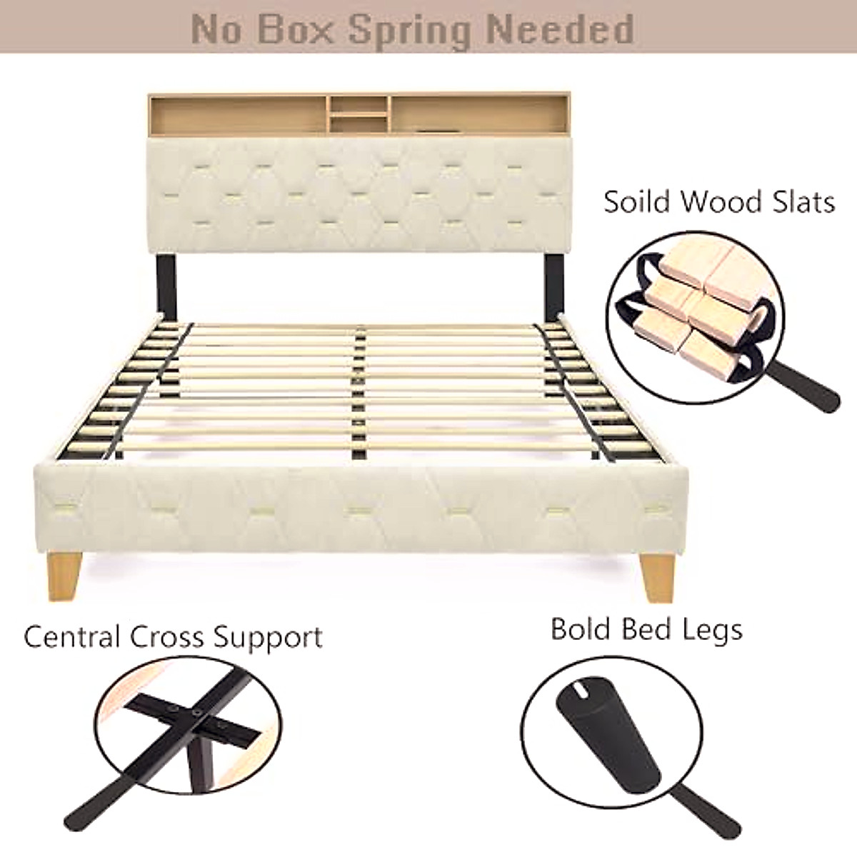 Klwenas Maec Queen Size Bed Frame,Modern Fabric Platform Bed Frame with Outlet & USB Ports,Storage Headboard,Heavy Duty Mattress Base,Wooden Slat Support,No Box Spring Needed (Beige, Queen)