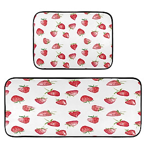 ALAZA Strawberry Watercolor 2 Piece Kitchen Rug Floor Mat Set Runner Rugs Non-Slip for Kitchen Laundry Office 20" x 28" + 20" x 48"