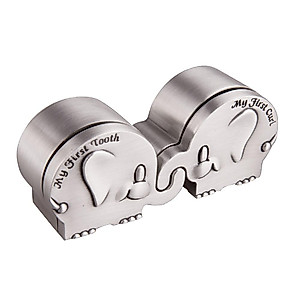 Feyarl Kids First Curl and Teeth Fairy Holder Containter Keepsake Box Tins Keeper for Christening Newborn Shower Kids Birthday Gift Metallic Engraved Elephant Shape (2.4 x 1.6 x 1.2 inches)