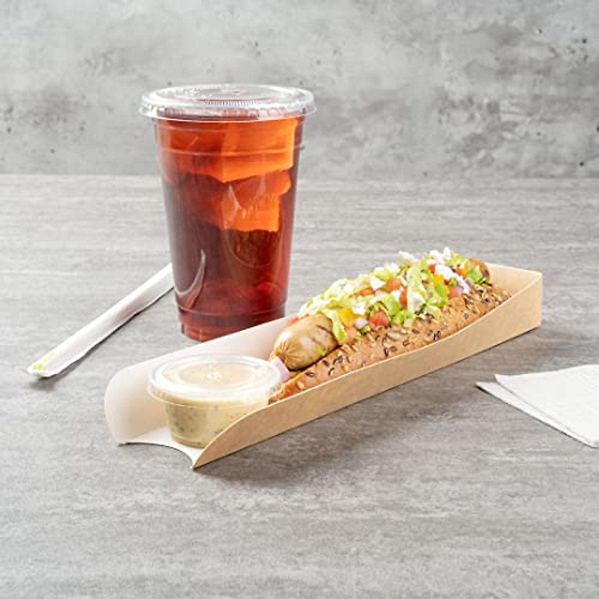 Restaurantware Bio Tek 11.8 x 2 x 1.3 Inch Hot Dog Trays 200 Open-Design Hot Dog Containers - Greaseproof Recyclable Kraft Paper Hot Dog Serving Trays