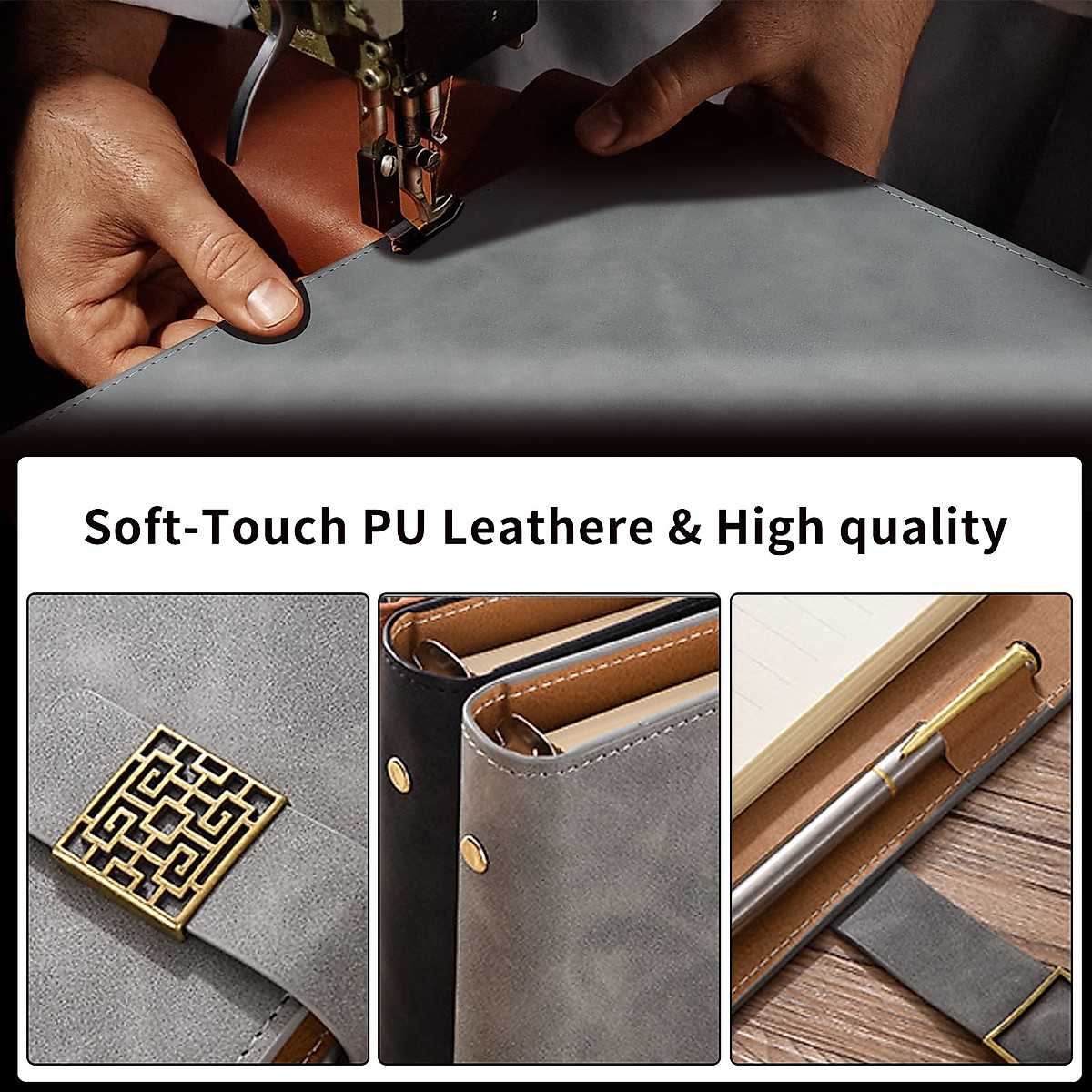 Songaa Leather A5 Ring Binder Notebook, 6 Ring A5 Notebook Binder with Pockets and A5 Refill Papers, Travel Binder Journal with Ring Binder, Refillable Journal Writing Notebook Grey