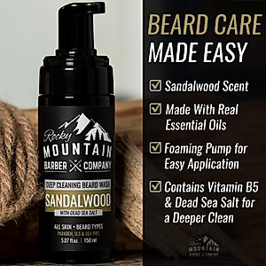 Foaming Sandalwood Beard Wash – With Sandalwood Essential Oil, Vitamin B5 & Dead Sea Salt - 5 oz by Rocky Mountain Barber Company