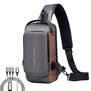 LELEBEAR Anti Theft Sling Bag, Usb Charging Sport Sling Anti-Theft Shoulder Bag, Sling Bag for Men Anti Theft Waterproof (A-Gray Brown)