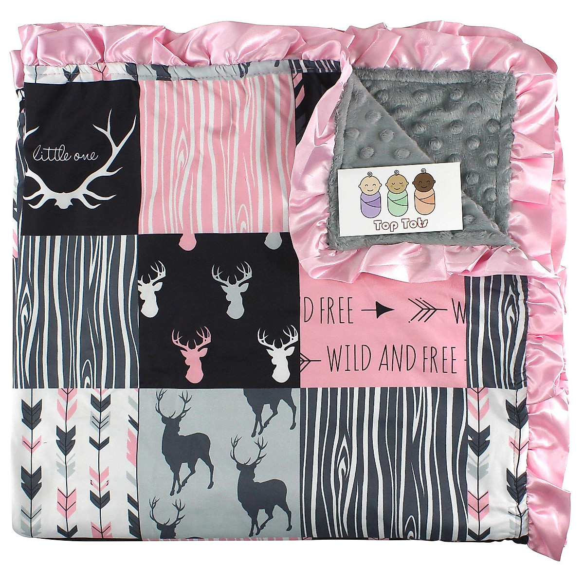 Baby Blanket - Minky, Deer, Arrows and Antlers, Pink with Gray and Black, with Pink Ruffles