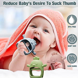 3 Pack Baby Teether Teething Toys for Babies 0-6 Months Baby Teething Toy Silicone Anti Dropping Infant Hand Teether Pacifiers Wrist Hand Chew Toys for Sucking Needs (Blue, Green, Flesh Pink, Chick)