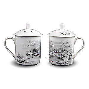 Festcool 2 Bone China 14-ounce Tea Cups Coffee Mug (With Lid) Snow Scene Porcelain One Pair Jingdezhen