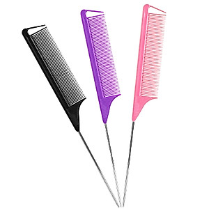 Rat Tail Combs Set: 3Pcs Long Steel Pin Teasing Combs for Salon Hair Stylists, Metal Parting Combs for Women (Purple, Black, Pink)