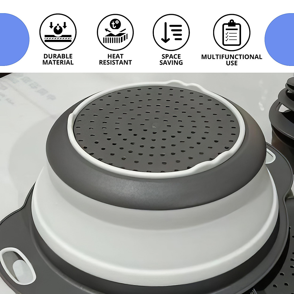 Round Silicone White Colander Collapsible – Foldable White Kitchen Strainer Small Collapsible Colander with Plastic Handles for Draining Vegetable and Fruit Silicone Kitchen Strainer for Pasta