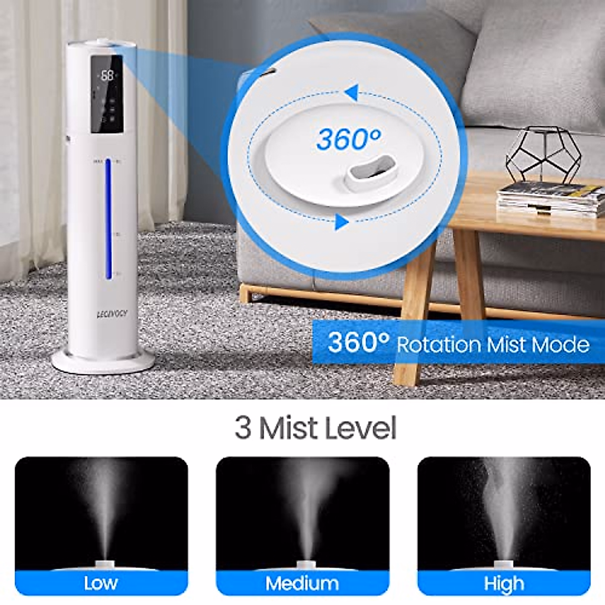 Humidifiers for Bedroom Large Room Home, 8L Top Fill Cool Mist Humidifiers for Baby and Plants, 360°Rotation Nozzles, Essential Oil Diffuser, Customized Humidity, Sleep Mode (White)