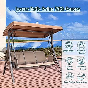GOLDSUN 3 Person Patio Swing Chair with Storage Pocket Bag Weather Resistant Canopy Heavy Duty Steel Frame Hanging Glider Seating for Outdoor,Balcony,Garden, Porch,Deck and Poolside(Brown)