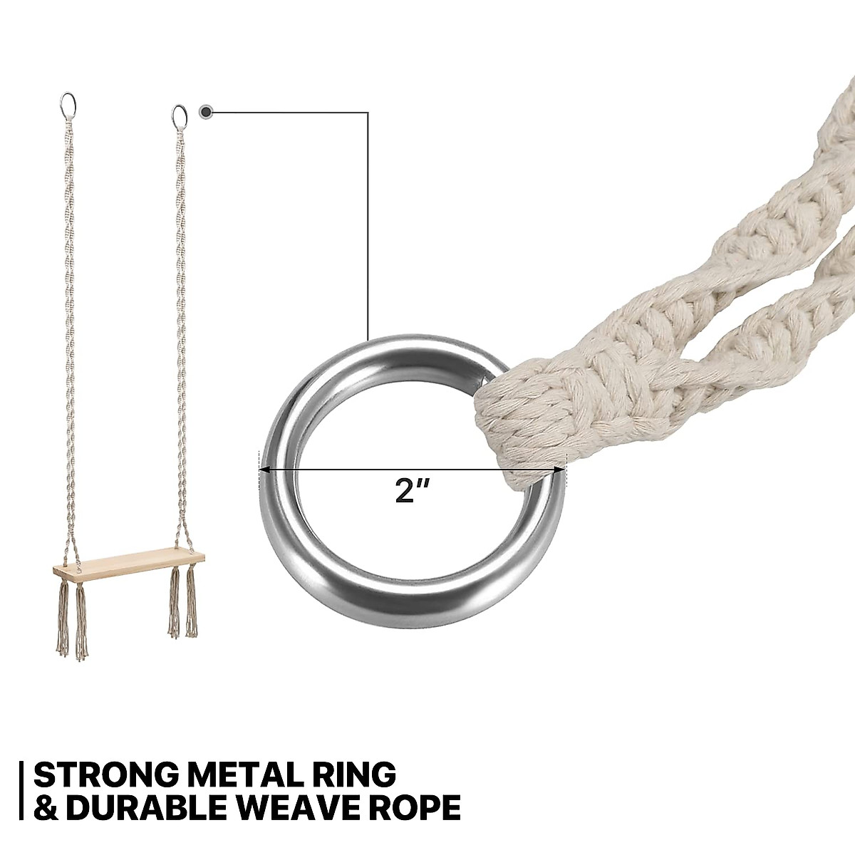 MoNiBloom Wooden Swing with Tassels, Outdoor Swing Seat for Adults with 350 lbs Capacity, Backyard Adjustable Rope Swing for Tree, Indoor/Outdoor Hanging Wood Swing Sets for Patio Garden Playground