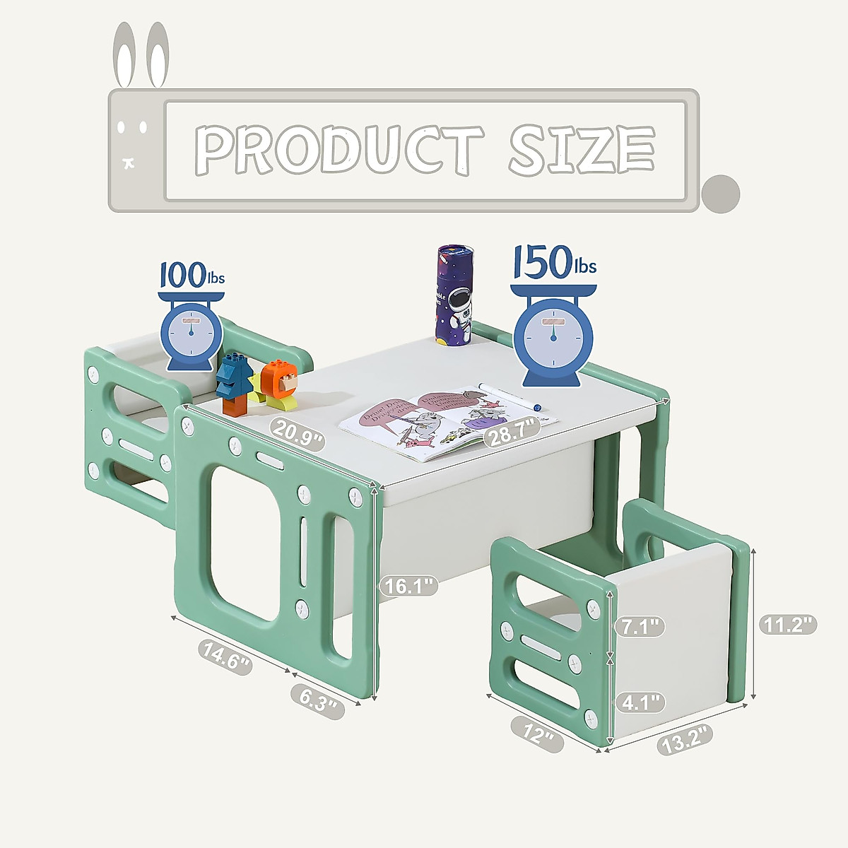 IFLETH Table and Chair Set, Height-Adjustable Toddler Table and Chair Set, Montessori Table Chair for Ages 3-8, Toddler Chairs for Table, Childrens Table for Classroom, Green