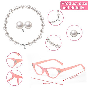 1950's Women Costume Accessories Polka Dot Hairband, Eyeglass, Faux Pearl Necklace, Stud Earring, Gloves (Pink and White)