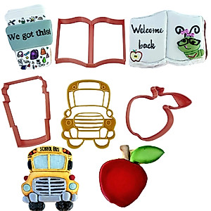 TEACHER COOKIE CUTTERS Education Themed Apple Coffee Latte Mocha Open Textbook Book And School Bus Cookie Cutters For First Day Of School Hundredth Day Teacher Aide Appreciation (4 Pack)
