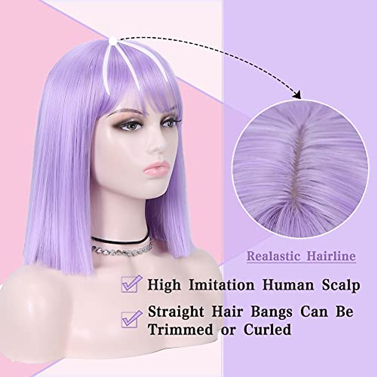 WIGER Purple Bob Wigs Straight Purple Wig with Hair Bangs Short Bob Wigs Shoulder Length Bob Wig Synthetic Hair for Women Cosplay Wig