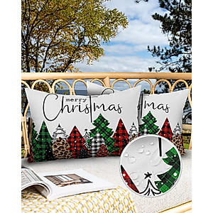 Edwiinsa Outdoor Pillow Covers Waterproof, Christmas All Weather Cushion Case Set of 2, Xmas Tree Leopard Check Winter Snowflake Lumbar Pillowcase for Sofa Couch Bed Decor Patio Furniture 20"x12"