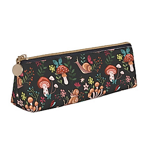 Ykklima Mushroom Snails Butterfly Flower Pattern Leather Pencil Case Zipper Pen Makeup Cosmetic Holder Pouch Stationery Bag for School, Work, Office