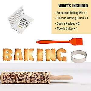 Floral Butterfly Embossed Rolling Pins for Baking Cookies Paisley Transfer Wooden Embossing Rolling Pin Beech Laser Cut Engraved 3D Dough Roller Christmas Impression Basting Brush Cookie Cutter Flower