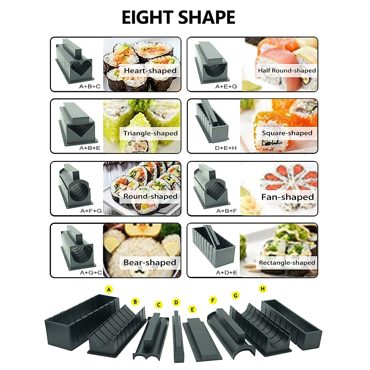 WITBASS 10 Pieces DIY Home Sushi Making tool Kit with Complete Sushi Set, Plastic Sushi Maker Tool Complete with 8 Sushi Rice Roll Mold Shapes Fork Spatula