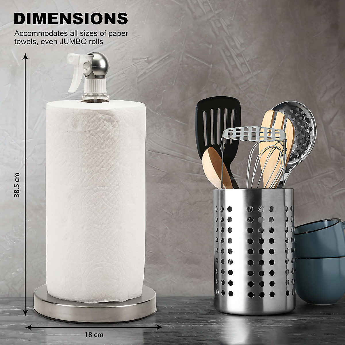 Everyday Solutions Spray Bottle Paper Towel Holder - Space Saving Countertop Paper Towel Roll Holder w/ Hidden Removable 7oz Spray Bottle - Rust-Resistant Stainless Steel & Reusable Heavy Duty Plastic