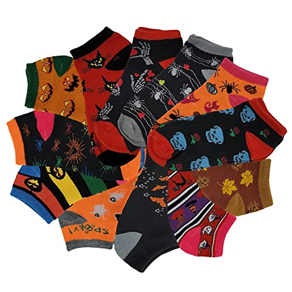 SUMONA Differenttouch 12 Pairs Pack Women Low Cut Colorful Fancy Design Ankle Socks (9-11, Halloween)