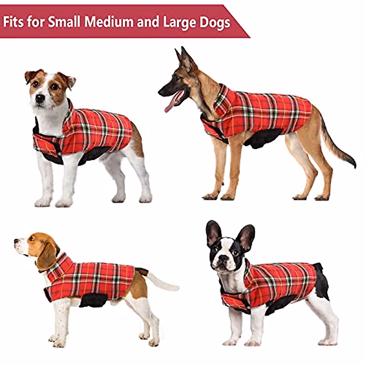 Kuoser Warm Dog Coat, Reversible Dog Jacket Waterproof Dog Winter Coat British Style Plaid Dog Clothes Pet Dog Cold Weather Coats Cozy Snow Jacket Vest for Small Medium Large Dogs Bright Red XS