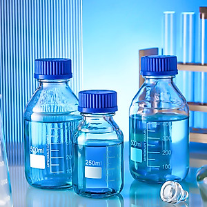 Irenare 8 Pieces Media Storage Bottles Borosilicate Storage Glass Bottle Scientific Round Graduated Media Bottle with Blue GL45 Screw Cap for Lab Water Reagent Liquids (500 ml)