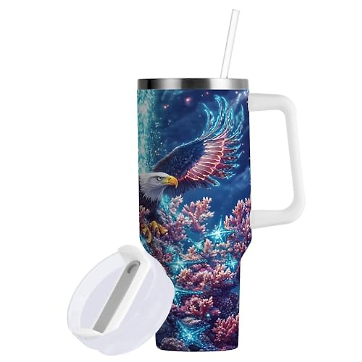 Slewiaeky Tumbler with Handle 40 oz Hawk Animal Kawaii America Travel Mug with Lid and Straw Stainless Steel Vacuum Insulated Water Bottle Cup for Iced Tea Coffee Cold Beverages Cup Holder Friendly