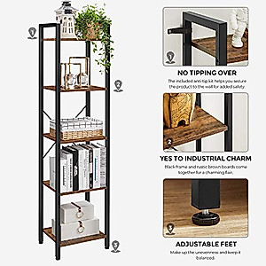 VASAGLE Bookshelf, Bookcase, 5-Tier Storage Shlef Rack with Steel Frame, for Living Room, Office, Study, Hallway, Industrial Style, Rustic Brown and Black ULLS100B01