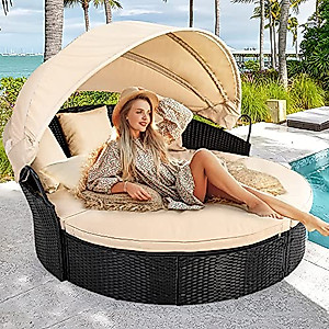 YITAHOME Patio Round Outdoor Daybed with Retractable Canopy Rattan Wicker Clamshell Furniture Seating with Soft Cushions for Backyard Porch Poolside (Beige)