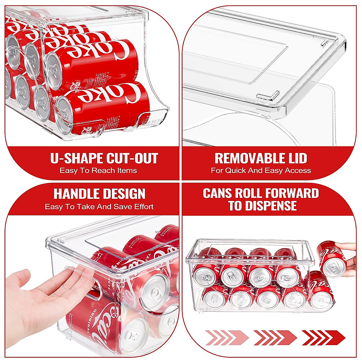 SCAVATA 2 Pack Stackable Refrigerator Organizer, Soda Can Dispenser Pop Cans Container Beverage Holder with Lid for Fridge, Freezer, Kitchen, Clear Plastic Storage Bins-Holds 10 Cans Each (Clear)