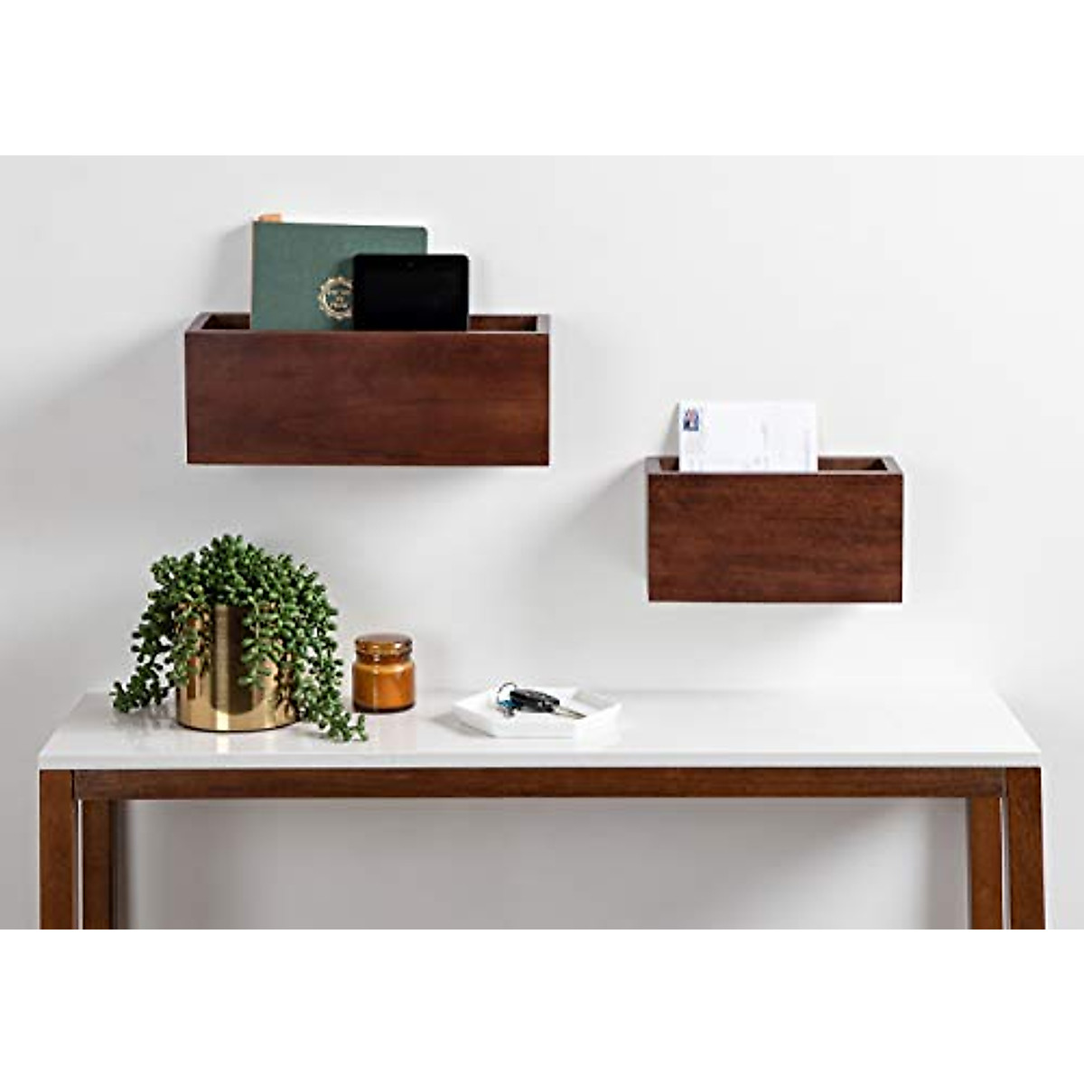 Kate and Laurel Domio Mid-Century Pocket Wall Organizer, Set of 2, Walnut Brown, Wood Office Organizer for Wall