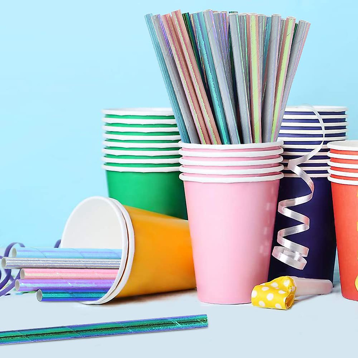 300 Pcs Paper Straws for Drinking Iridescent Party Straws Premium Disposable Drinking Paper Straws for Hawaiian Birthday Wedding Party Decoration