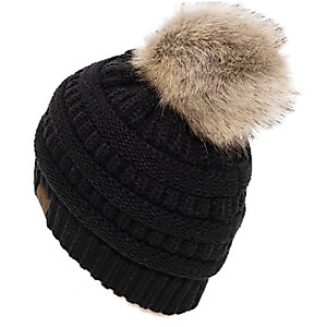C.C Trendy Fuzzy Sherpa Fleece Lined Warm Soft Stretch Cable Knit Faux Fur Pom Pom Skull Cap Cuff Beanie Hat
