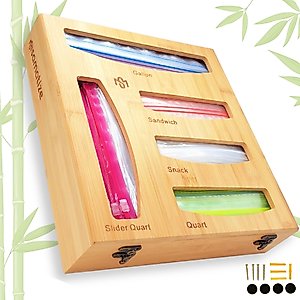 SAMATIZE Storage Bag Organizer, Baggie Organizer for Drawer or Wall Mount, Compatible with Gallon, Quart, Sandwich, Snack Size Bags, 1 Box 5 Slots,Bamboo Drawer Organizer, Bag Organizer