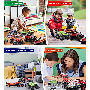 Mozlly Bundle of 2 Friction Powered Monster Trucks with ATV Trailer Playset, Push Powered Monster Truck with Speed Boat Transport Toys - Push & Go