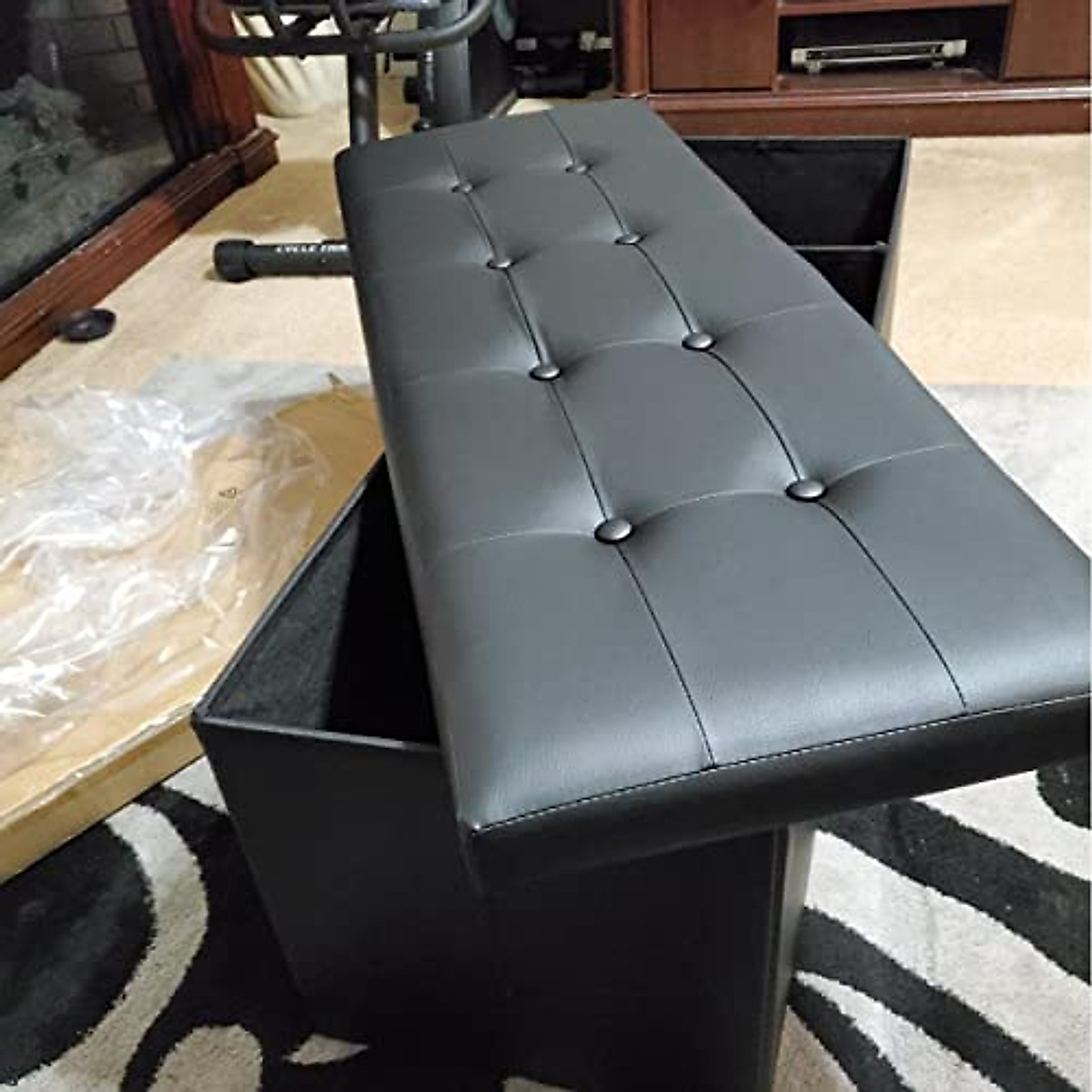 KEYWORD FAMILY 43 in Folding Leather Storage Ottoman Bench, Rectangular Black Footrest， Foam Pouf Tray Footstool with Storage, for Living Room, Bedroom& Hallway