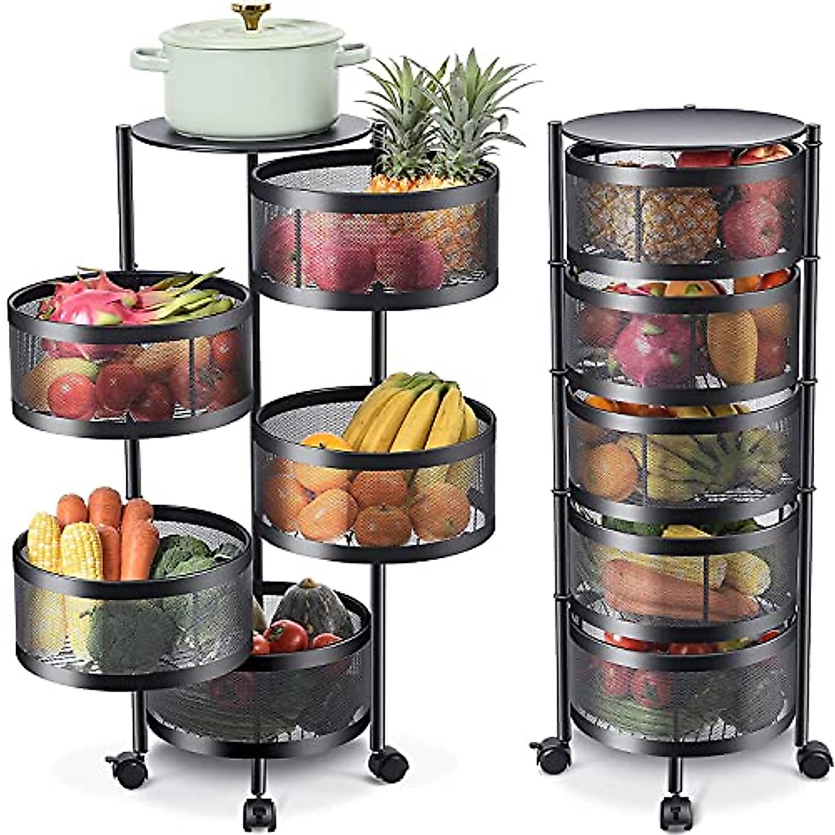 Lucklycabin Kitchen Storage Rack-Rotating Vegetable Rack Floor-Standing Multi-Layer Movable Organizer, Household Shelf for Living Fruit Snack Stand (5F, Black)