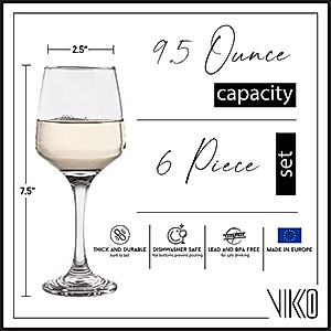 Vikko 9.5 Ounce Wine Glasses | Beautifully Shaped – Thick and Durable Construction – For Parties, Entertaining, and Everyday Use – Dishwasher Safe – Set of 6 Clear Glass Wine Glasses – 2.4” Diameter x