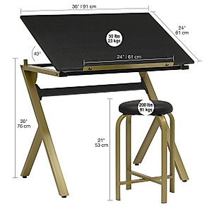 SD STUDIO DESIGNS Stellar 36" Wide Craft/Drawing Table with Adjustable Top and Padded Stool Set, Gold/Black