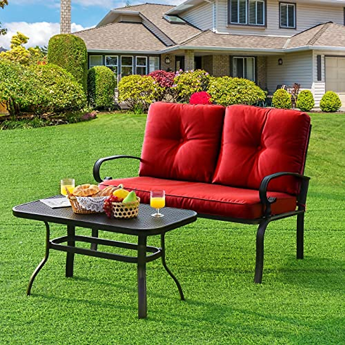 Tangkula Patio Loveseat with Table Set, 2 Seat Cushioned Sofa with Coffee Table, Patio Conversation Sofa Set with Rustproof Frame, 2 Pieces Outdoor Furniture Set for Garden, Poolside, Balcony (Red)