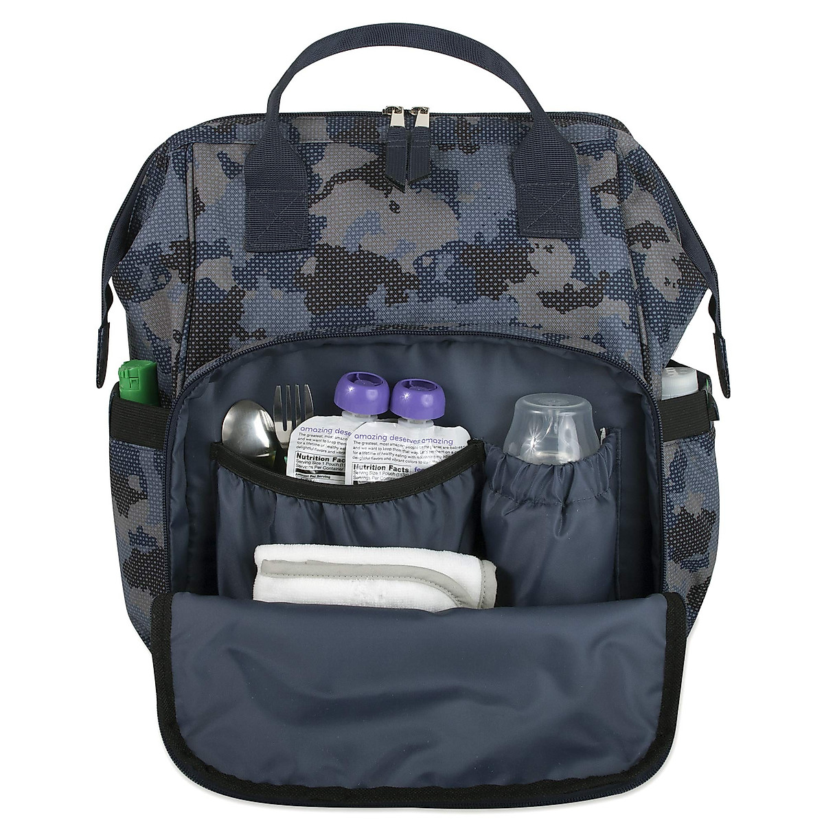 Wide Open Frame Diaper Bag Backpack and Nappy Travel Bag Tote with Changing Pad, Stroller Straps (Blue Camo)