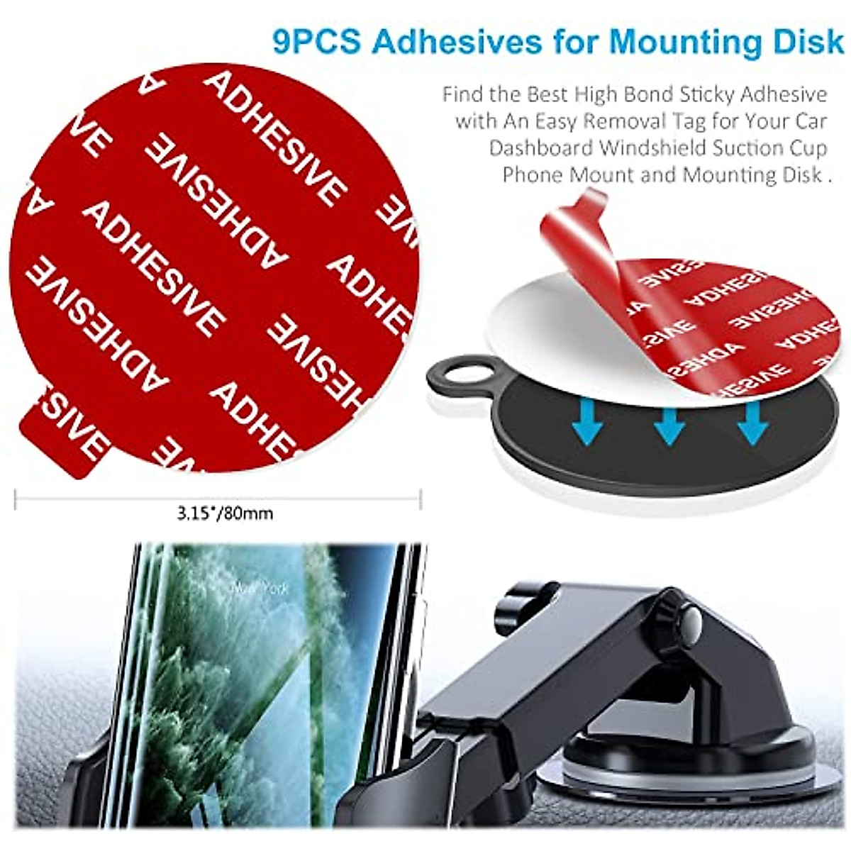 9 PCS 80mm(3.15 inches) Adhesives Pads for Dashboard/Windshield Suction Cup Mount, Transparent Double-Sided Sticker Windshield Mount Adhesives for Dashboard Mounting Disk/Camera/GPS/Car Phone Mount