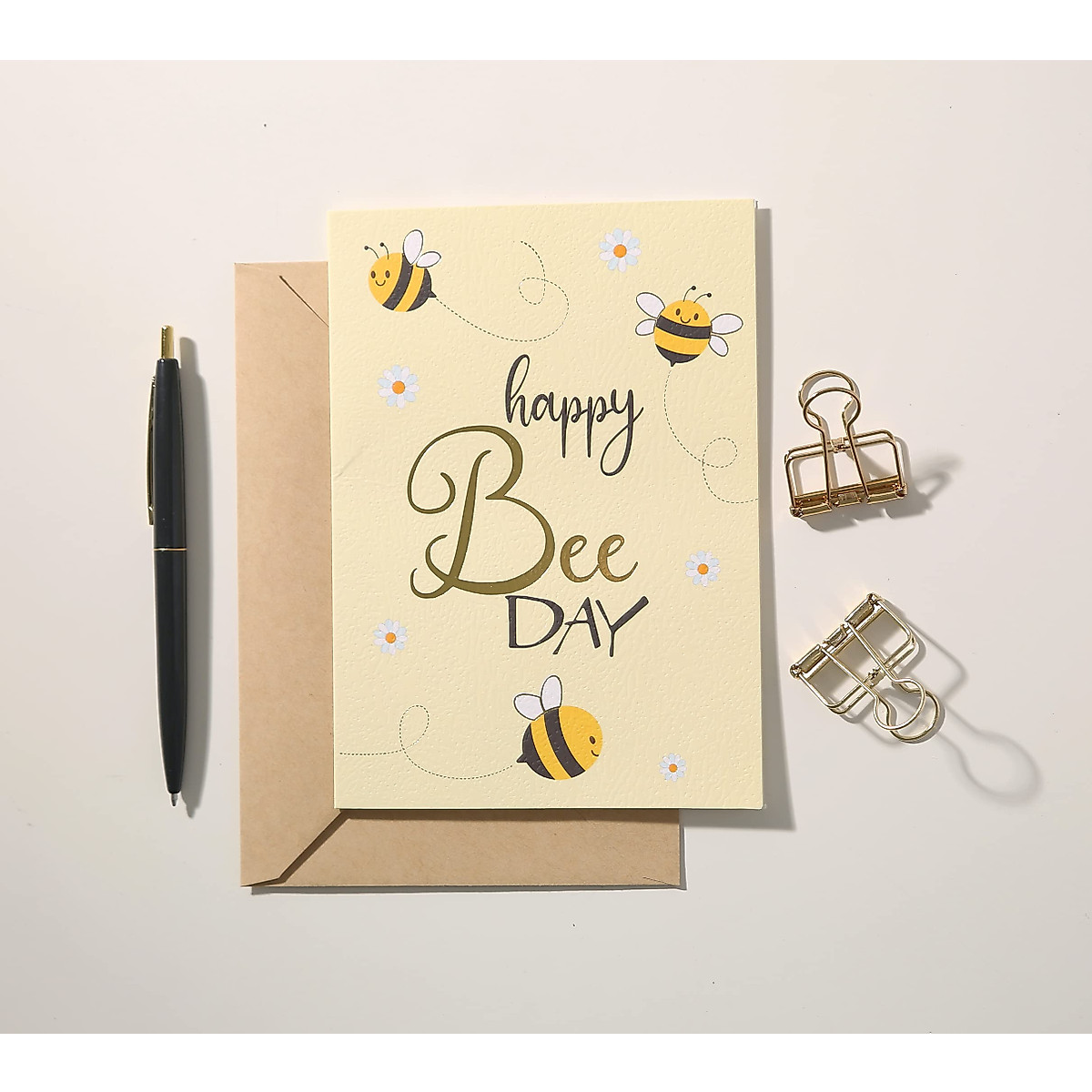 Birthday Card - Single Happy Bee Day Birthday Greeting Card For Bee Themed Party - Gold Foil Bees and Lettering on Yellow Textured Paper with Kraft Envelope - 5" x 7" - Blank Inside