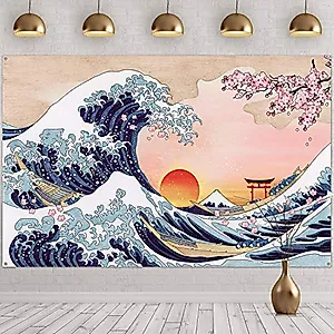 Great Wave Wall Hanging Ocean Wave Photo Banner Japanese Kanagawa Backdrop Sunset Cherry Blossom Art Nature Background for Japanese Party Wall Home Decorations, 72.8 x 43.3 Inch