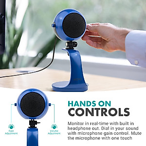 Movo WebMic USB Microphone with Desktop Stand, Royal Blue, Cardioid Condenser, for PC and Mac, with Mic Gain and Headphone Monitoring